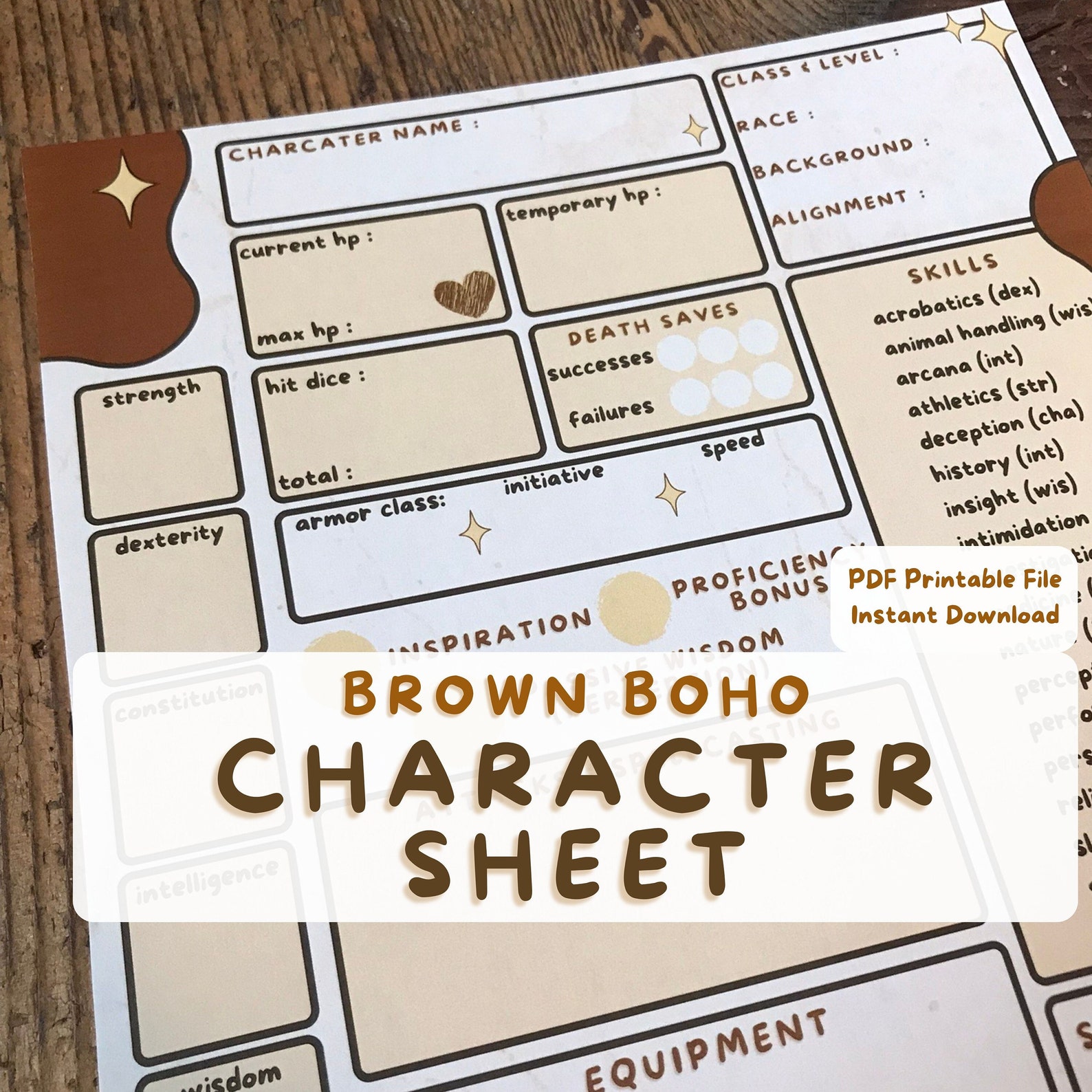 DND Boho Character Sheet - PDF Printable - Etsy