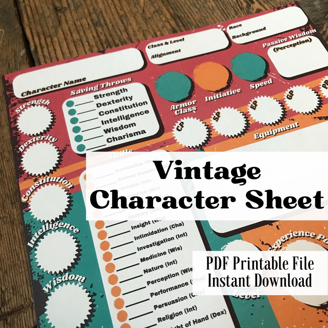 DND Colorful Vintage Character Sheet PDF Printable - Etsy