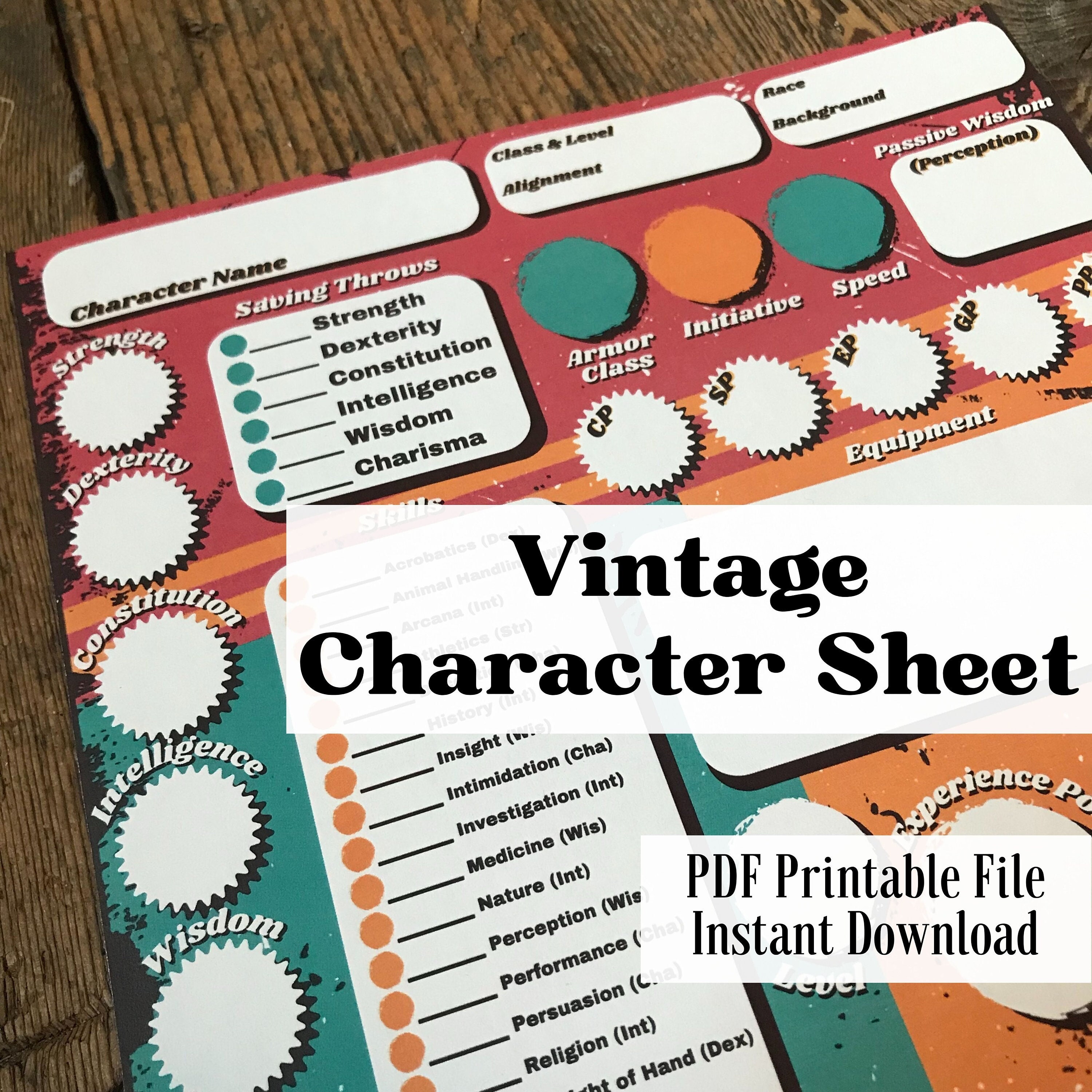 DND Colorful Vintage Character Sheet - PDF Printable - Etsy