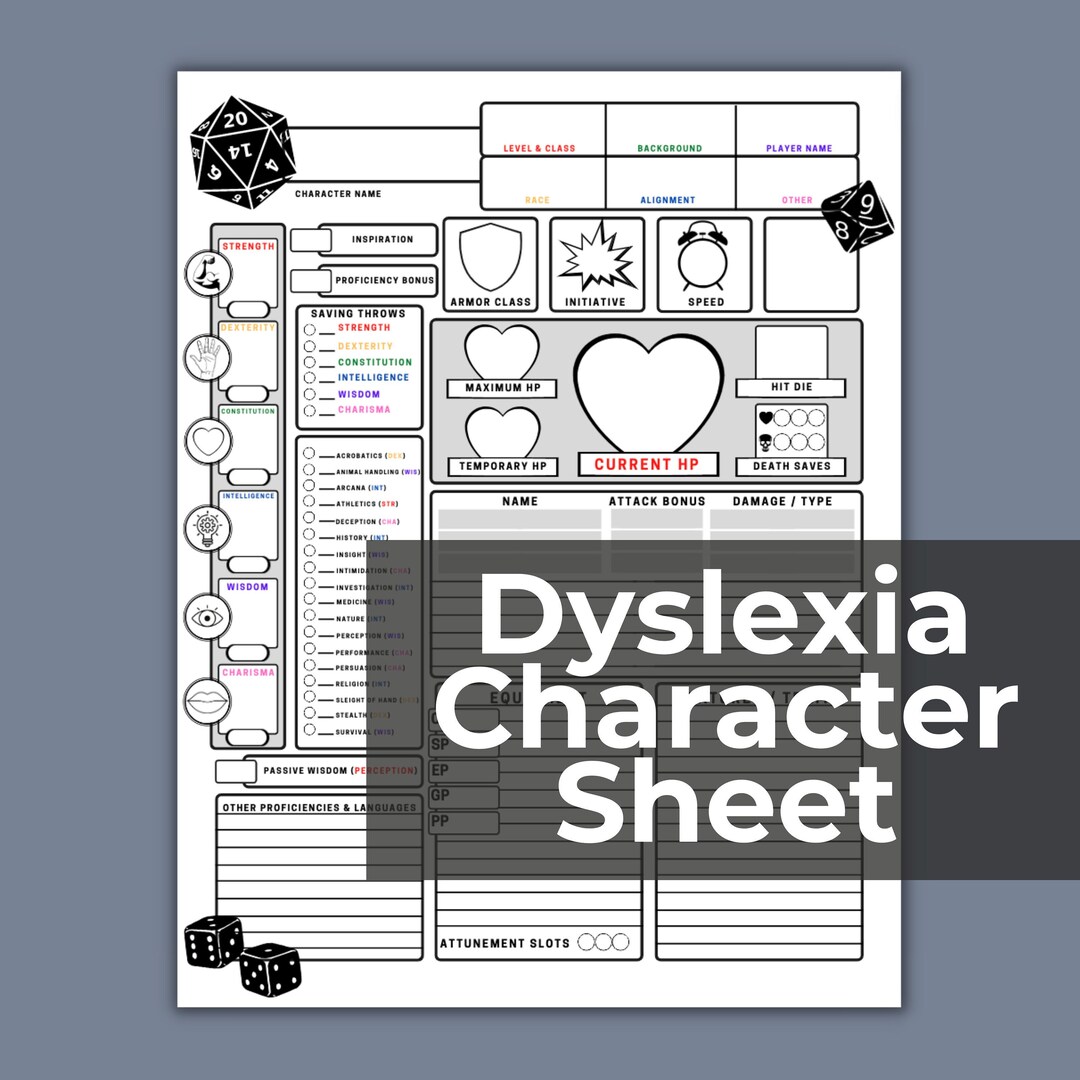 DND Dyslexia Character Sheet - PDF Printable File - Digital Download - Etsy