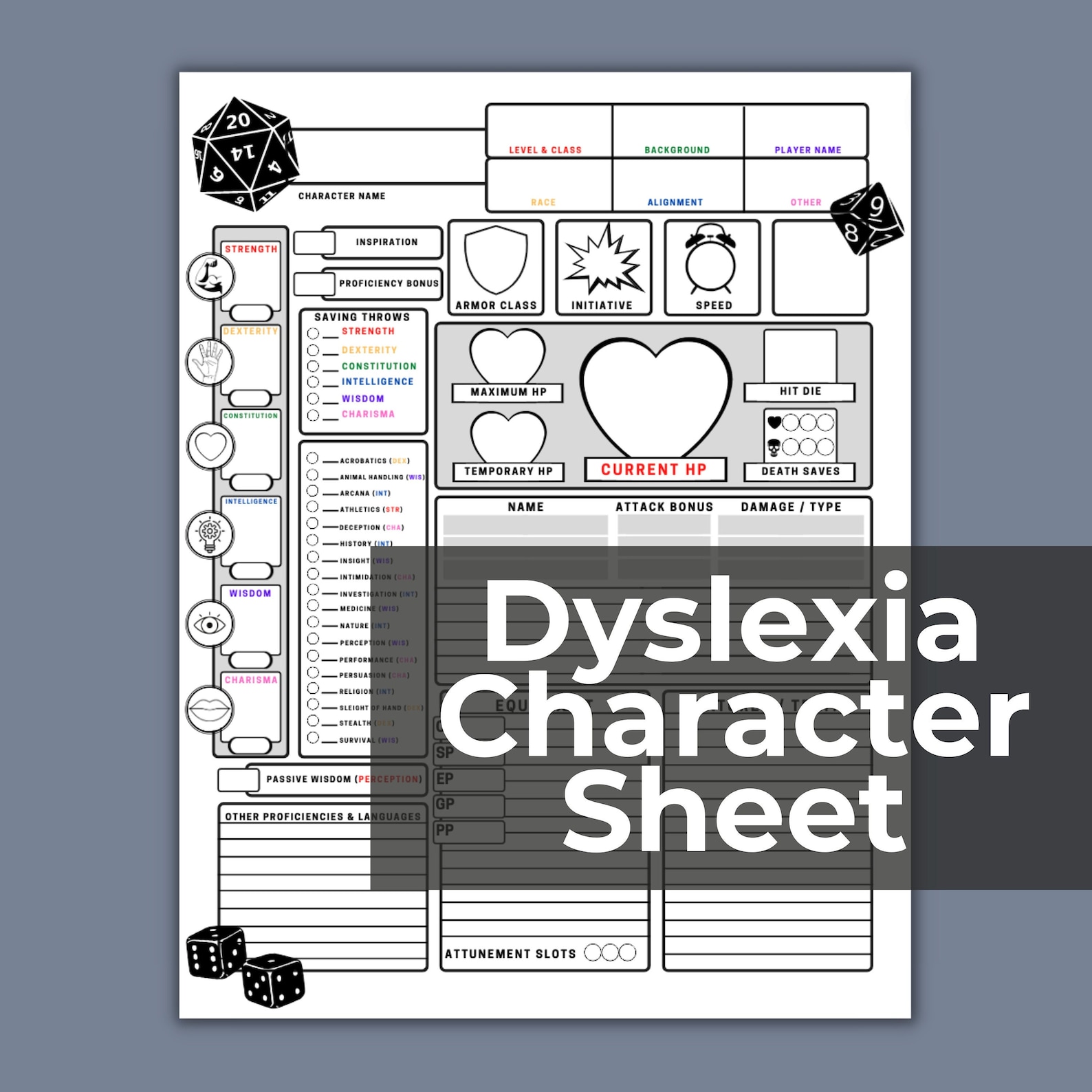 DND Dyslexia Character Sheet - PDF Printable File - Digital Download - Etsy