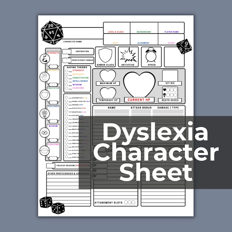 DND Dyslexia Character Sheet - PDF Printable File - Digital Download - Etsy