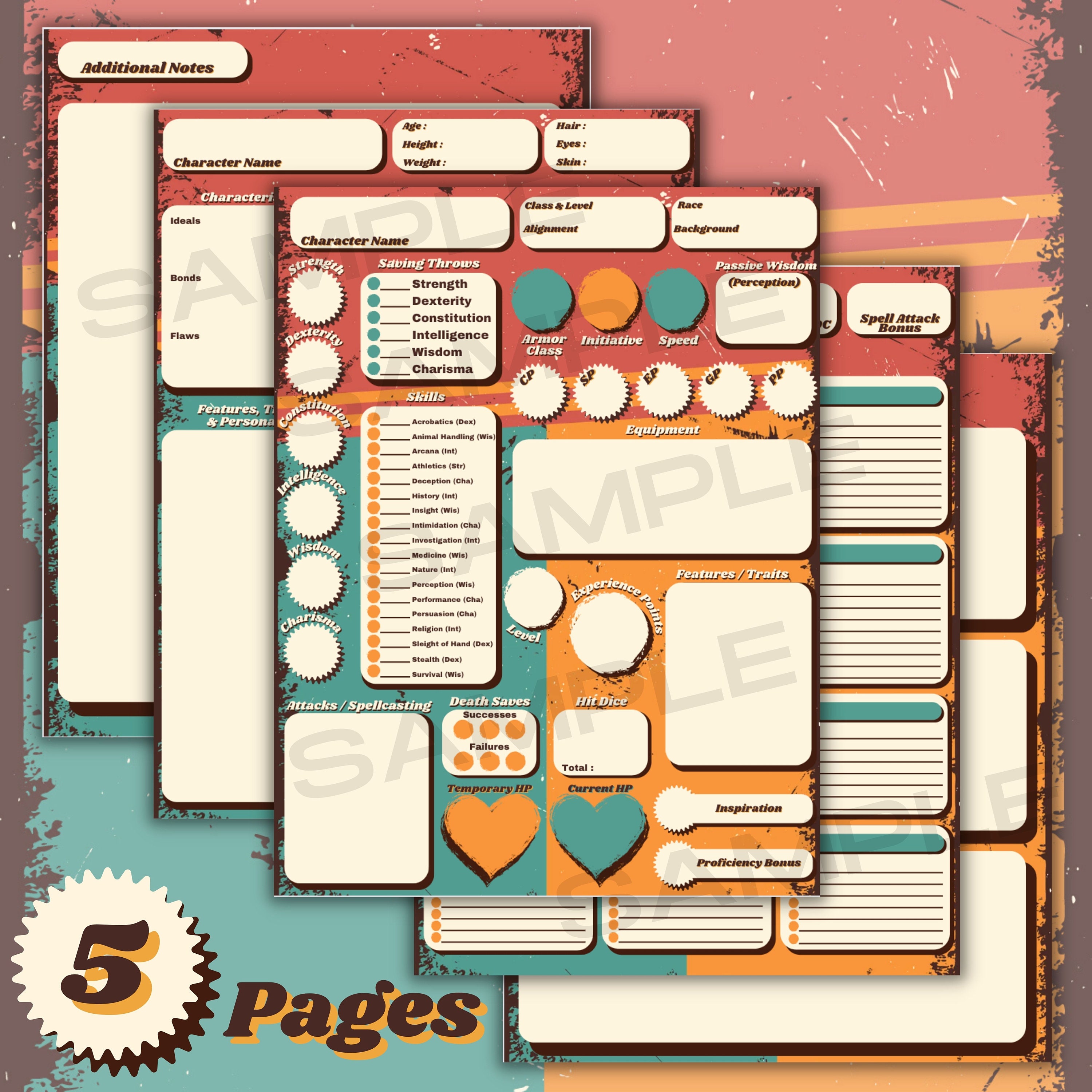 DND Colorful Vintage Character Sheet - PDF Printable - Etsy