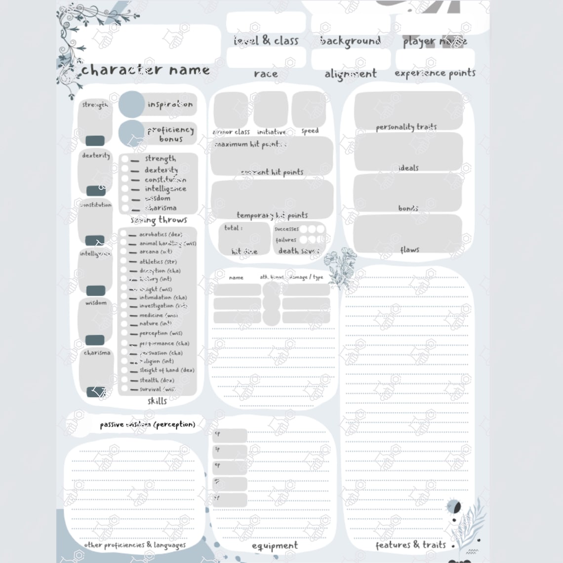 DND Character Sheet Cute Light Blue Floral - Etsy