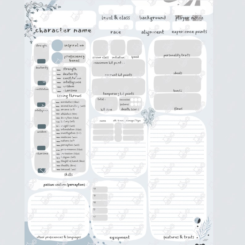 DND Character Sheet Cute Light Blue Floral - Etsy