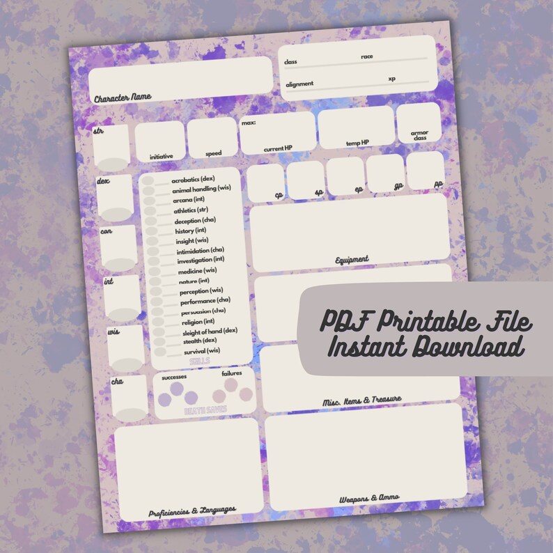 DND Purple Splatter Character Sheet - PDF Printable File - Digital ...