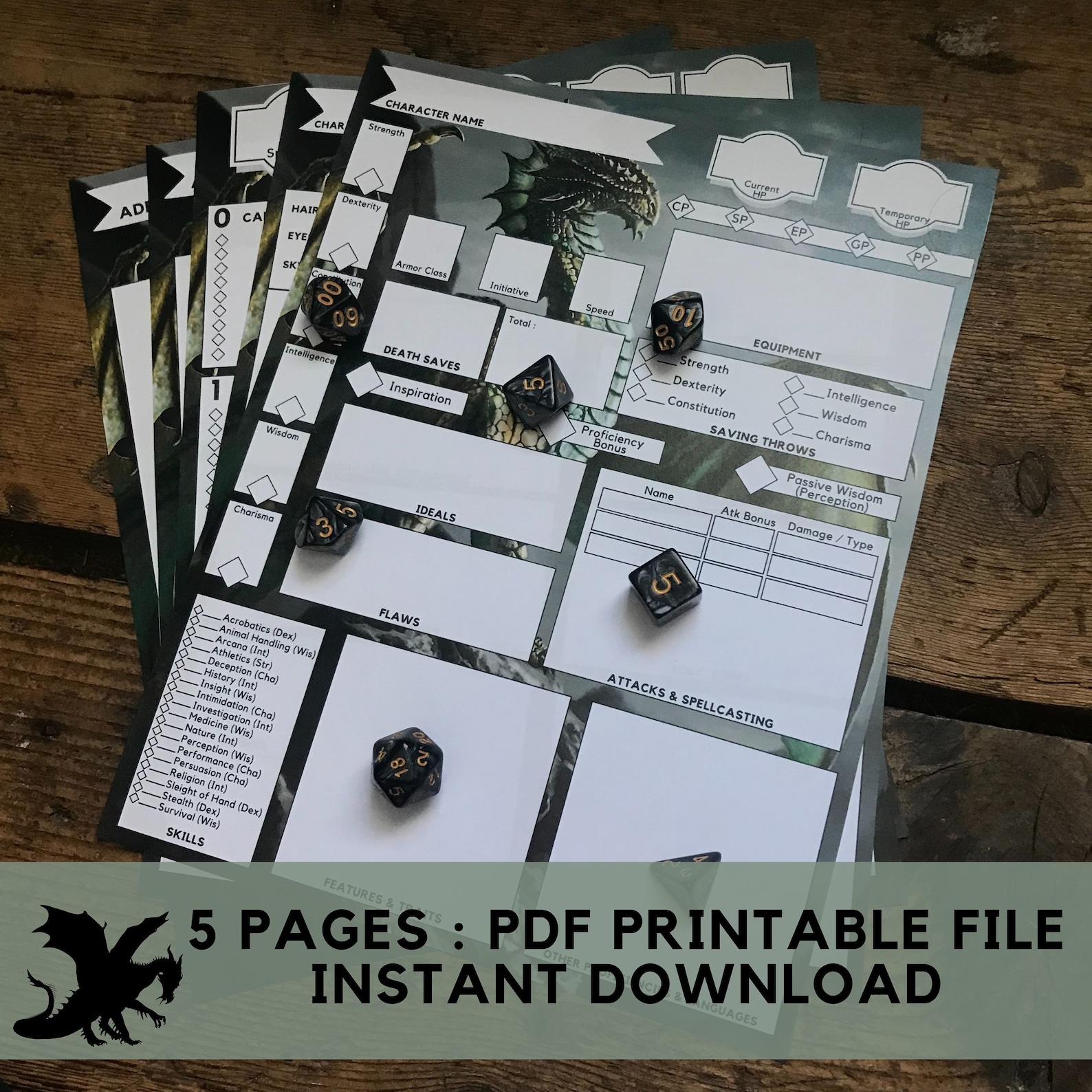 DND Dragon Character Sheet - PDF Printable File - Etsy