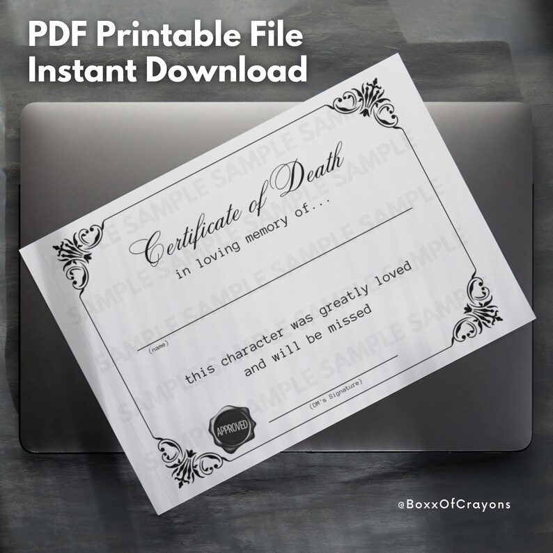 DND Death Certificate - Funny Printable for Your Campaign - Black/white ...