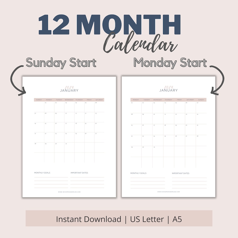 Printable Calendar 2024 Sunday Start Monday Start Letter, A5 Dated ...
