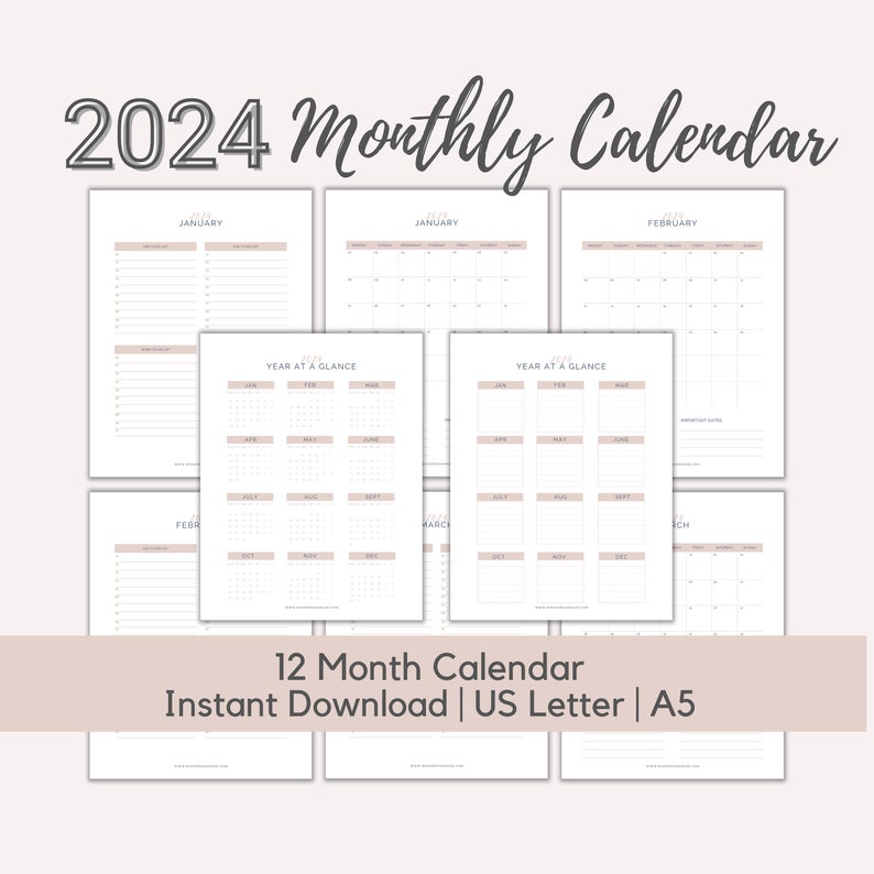 Printable Calendar 2024 Sunday Start Monday Start Letter, A5 Dated ...