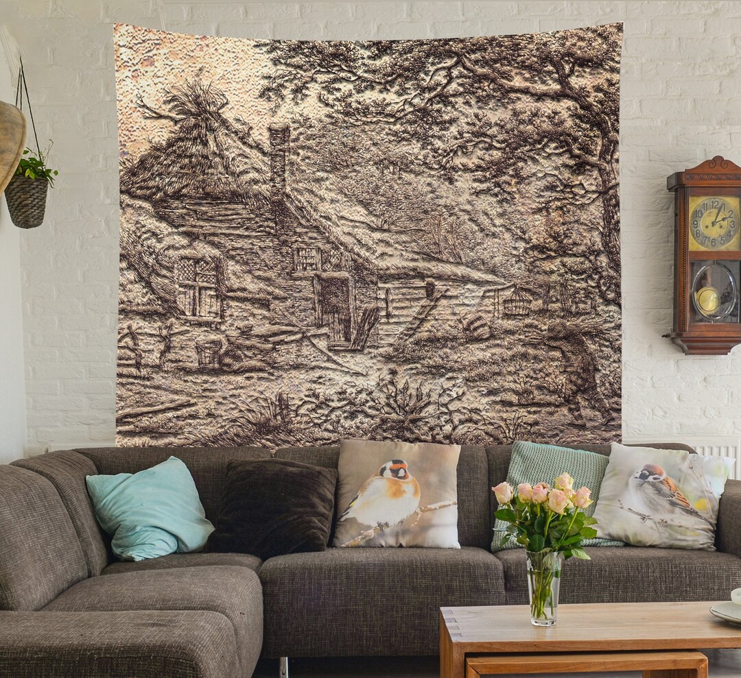 Farmhouse Tapestry, Antique Nature Wall Hanging, Rustic Modern Tapestry ...