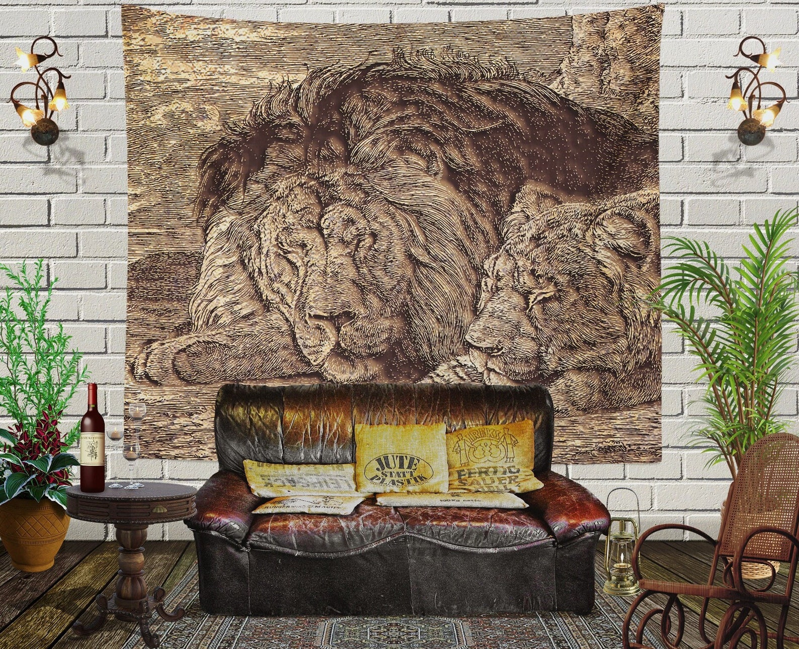 Lion Couple Tapestry, Antique Lion Wall Hanging, Lion Couple Embossed ...