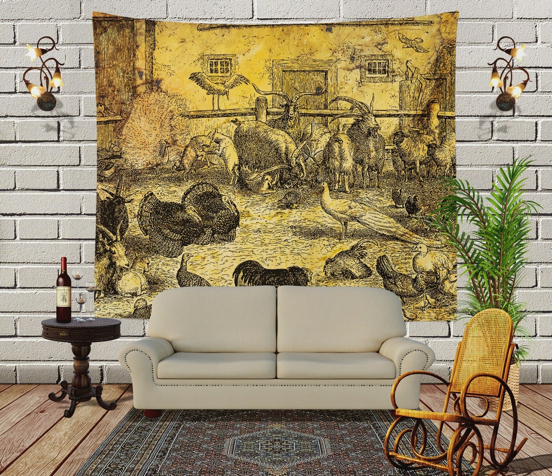Farm Animals Party Tapestry, Old Style Farmhouse Tapestry, Country Wall ...