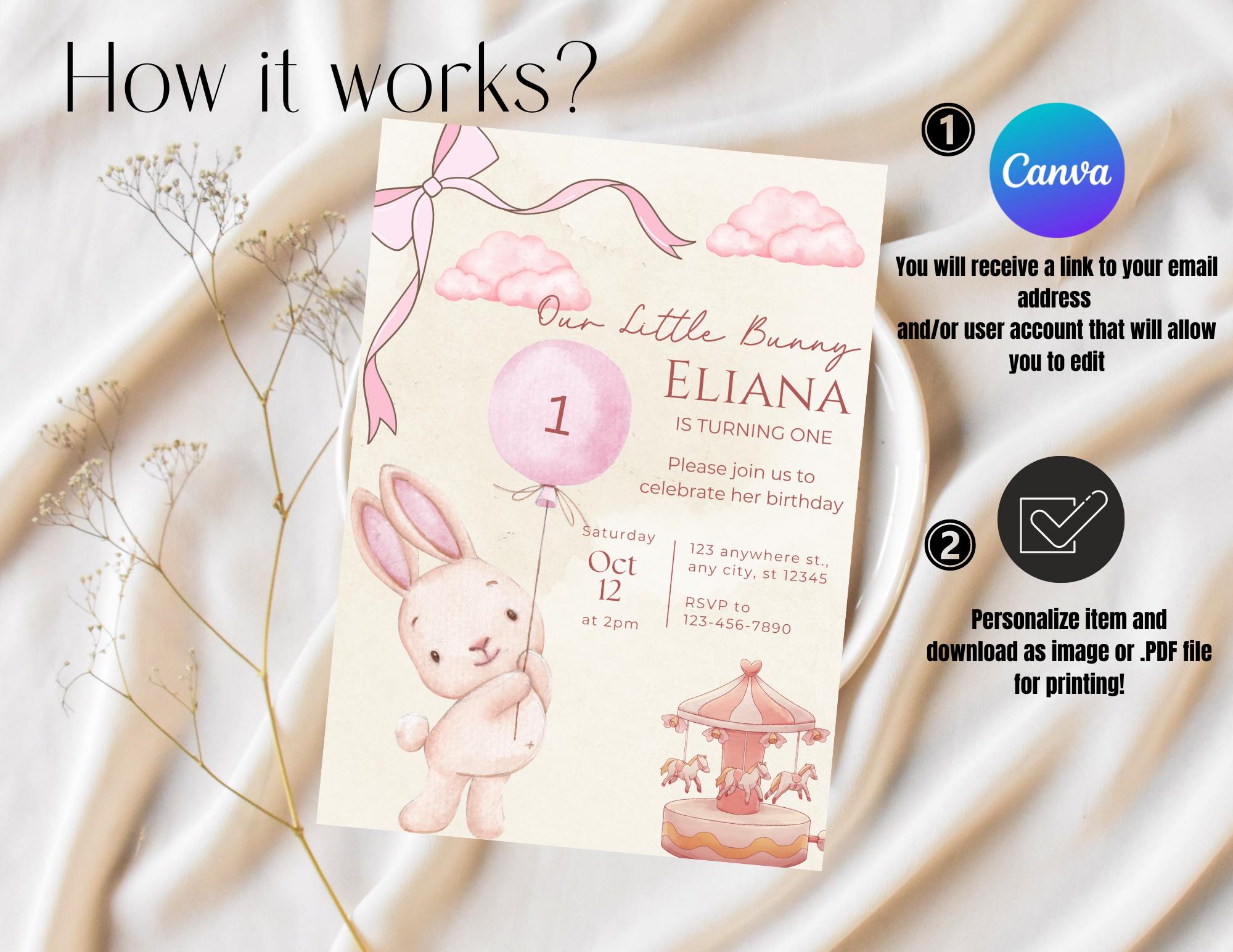 EDITABLE Bunny First Birthday Invitation, Adorable Bunny, Bunny ...
