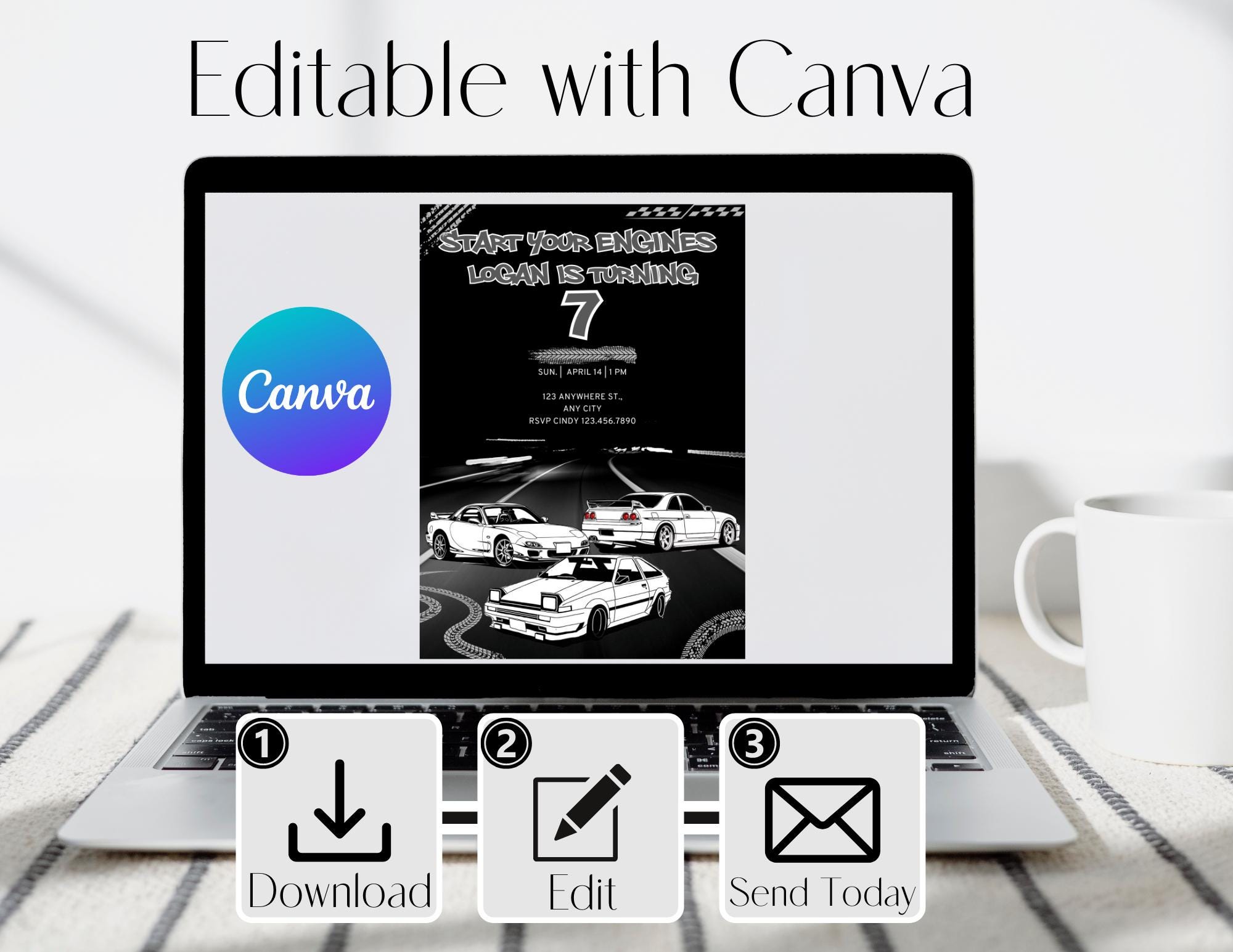 EDITABLE Initial 3, JDM Car Themed Birthday Invitation, Editable Sports ...