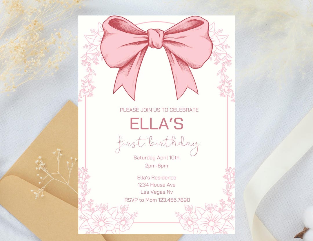 EDITABLE Pink Bow Birthday Invitation, 1st Birthday, First Birthday ...