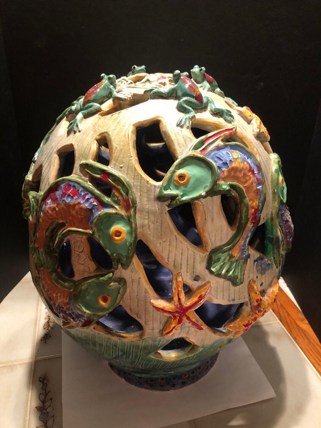 Large Ocean Themed Pottery Piece With Fish, Frogs, Starfish 1 of 1 - Etsy