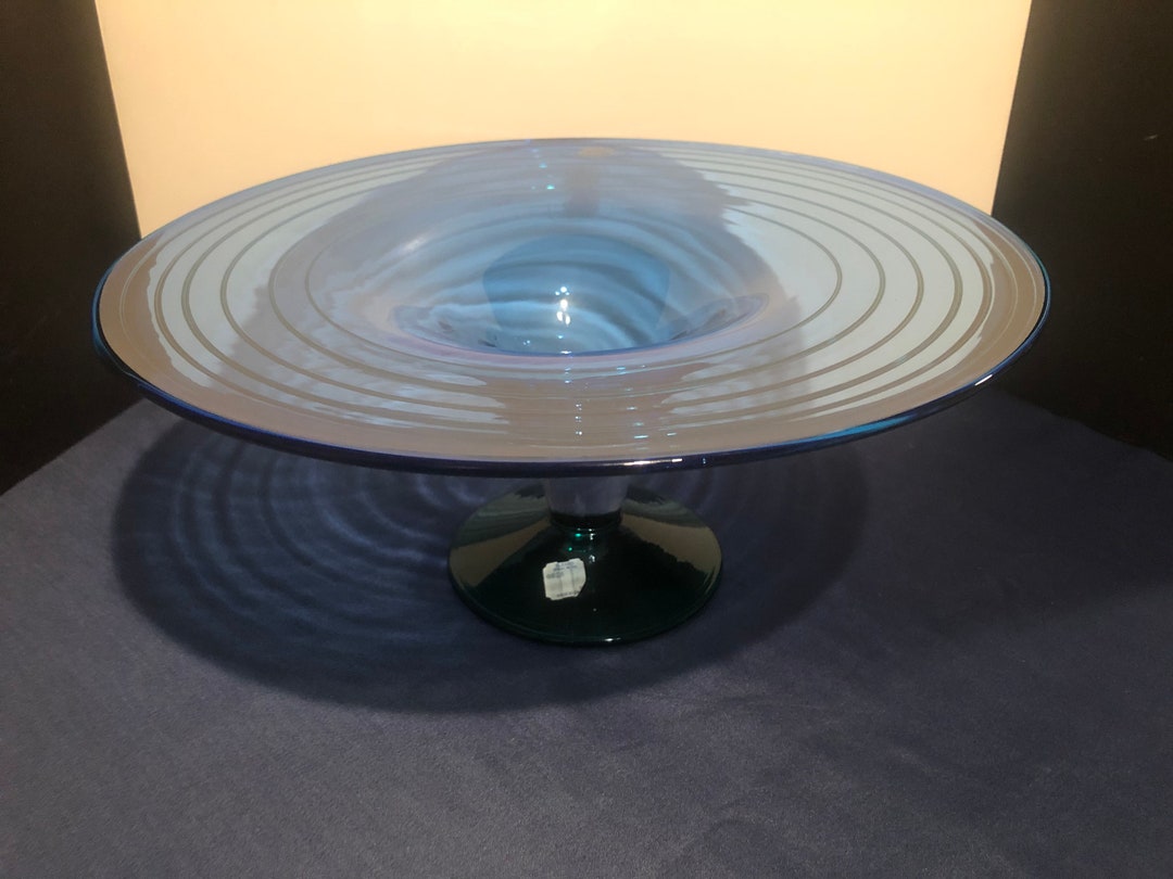 Blenko Glass Azure & Emerald Footed Pedestal Bowl Center With Tray Rim ...