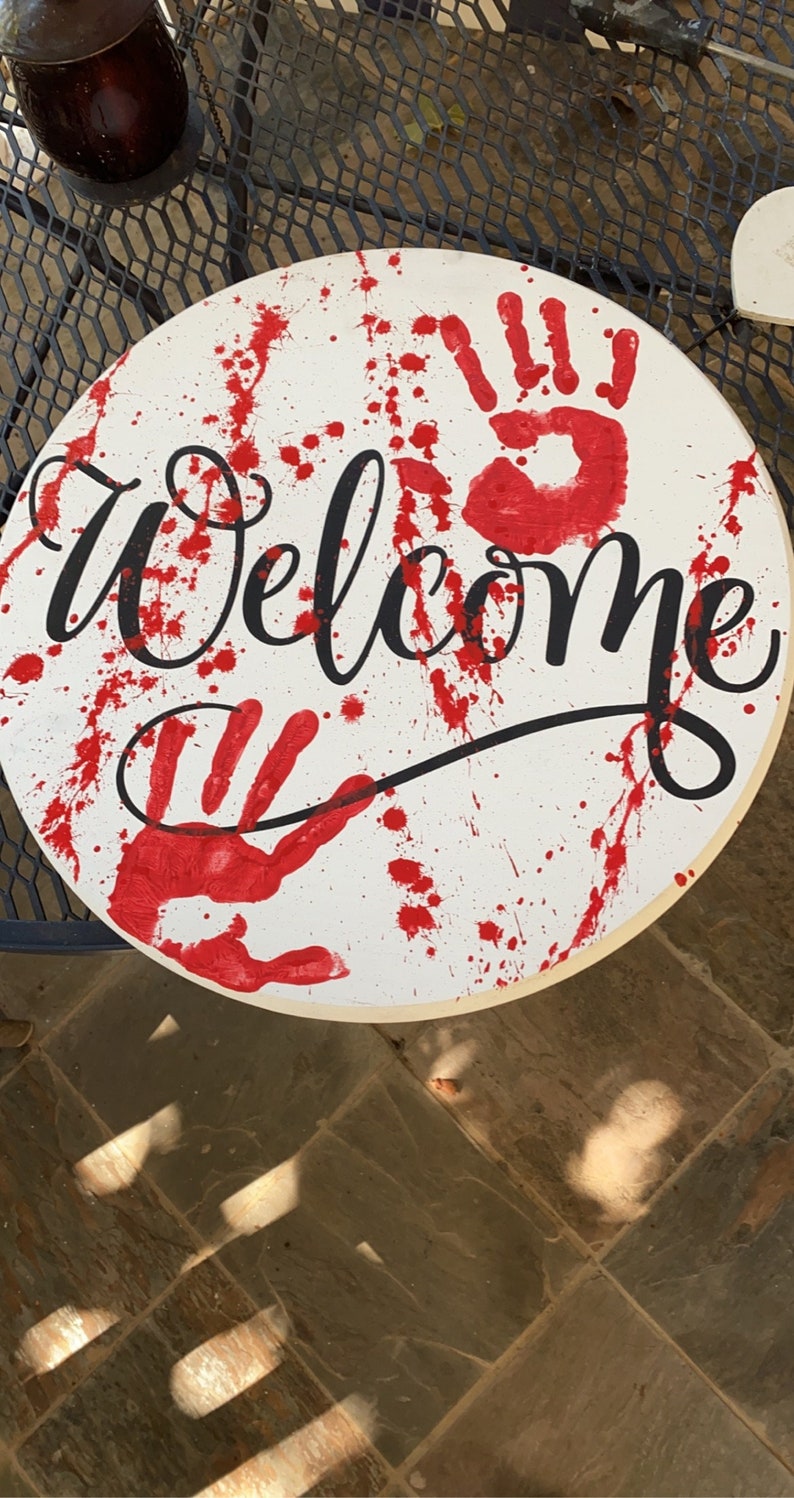 Welcome Front Door Sign, Halloween, Blood Splatter, Wood Round Hanging ...