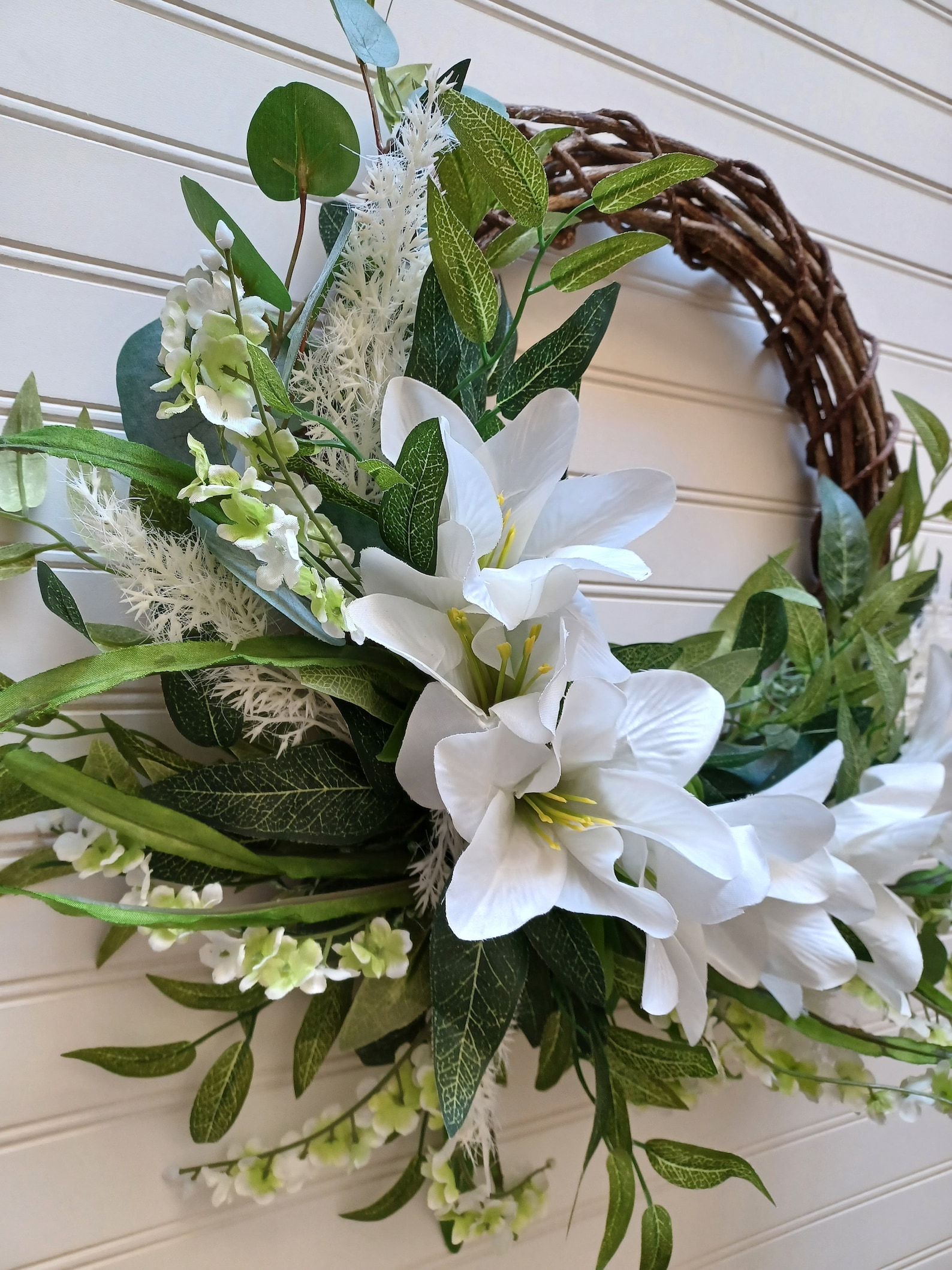 Spring White Lily Wreath With Olive Leaf Greenery Easter Lily - Etsy