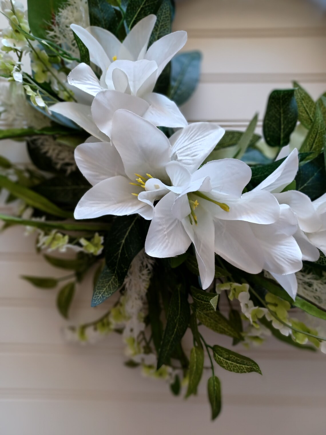 Spring White Lily Wreath With Olive Leaf Greenery Easter Lily - Etsy