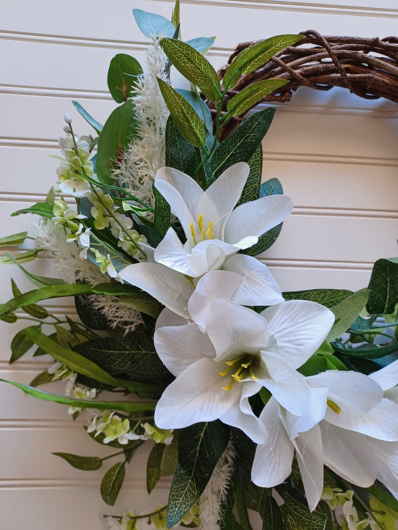 Spring White Lily Wreath With Olive Leaf Greenery Easter Lily - Etsy