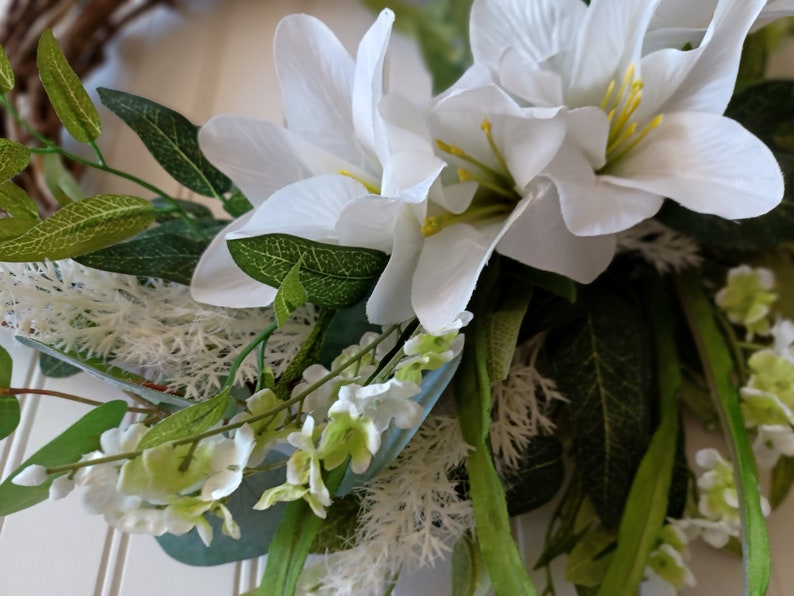 Spring White Lily Wreath With Olive Leaf Greenery Easter Lily - Etsy