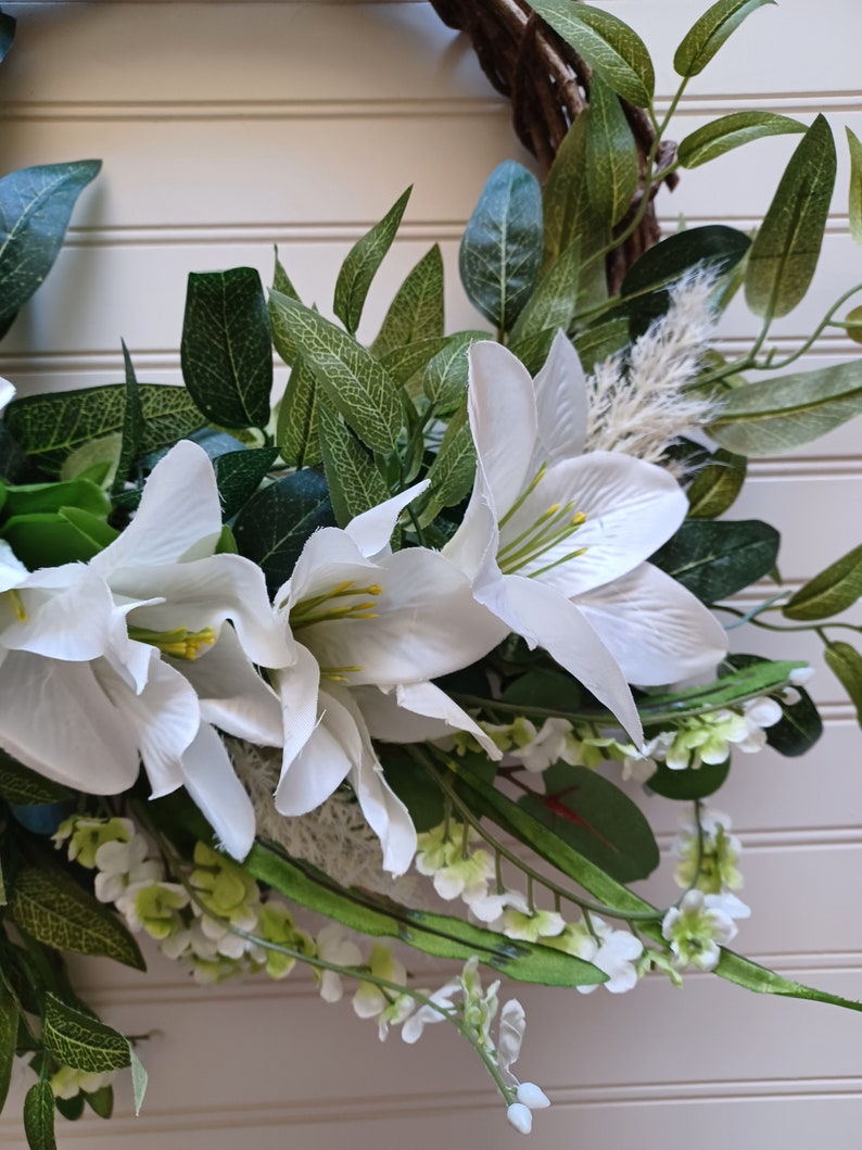 Spring White Lily Wreath With Olive Leaf Greenery Easter Lily - Etsy