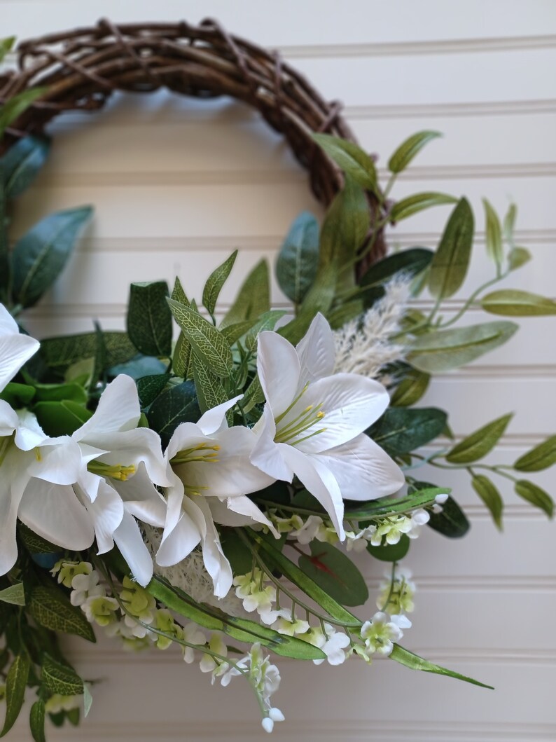 Spring White Lily Wreath With Olive Leaf Greenery Easter Lily - Etsy