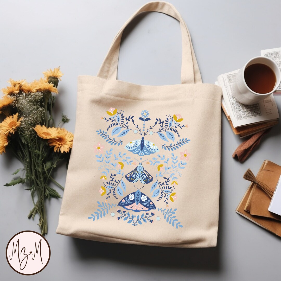 Floral Moths Cotton Canvas Tote Bag Butterfly Tote Bag Moth Tote Bag ...