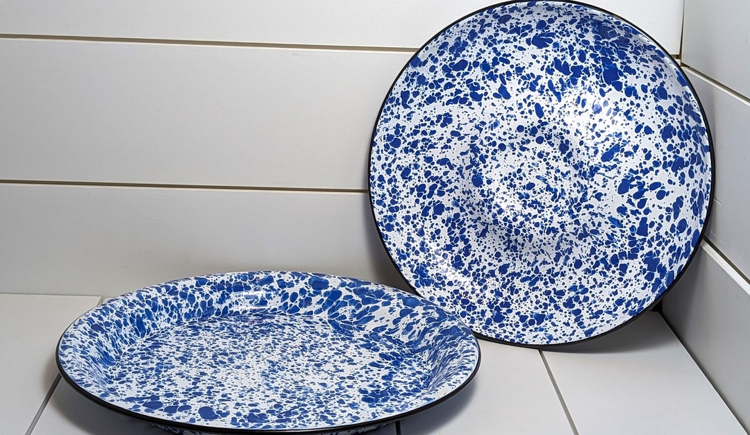 Blue White Splatter Enamelware Chips & Salsa Platter Serving Dish 2 ...