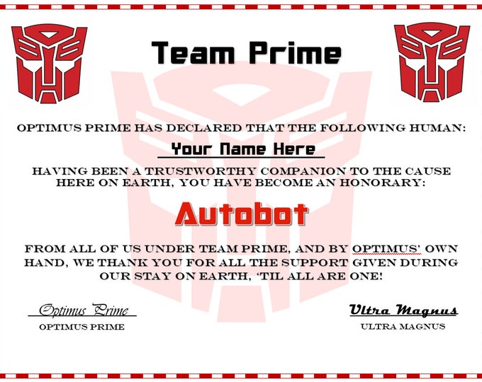 Transformers Honorary Autobot Certificate Digital Download - Etsy
