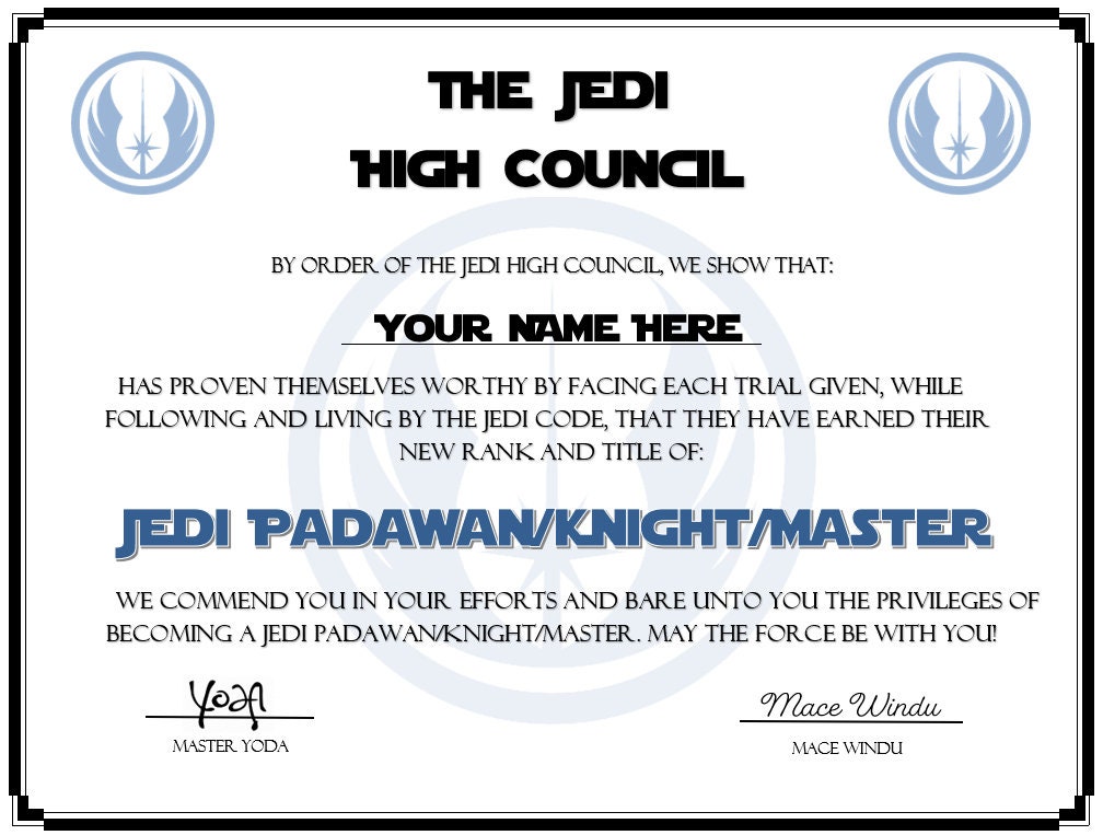 Jedi Certificate - Digital Download - Etsy