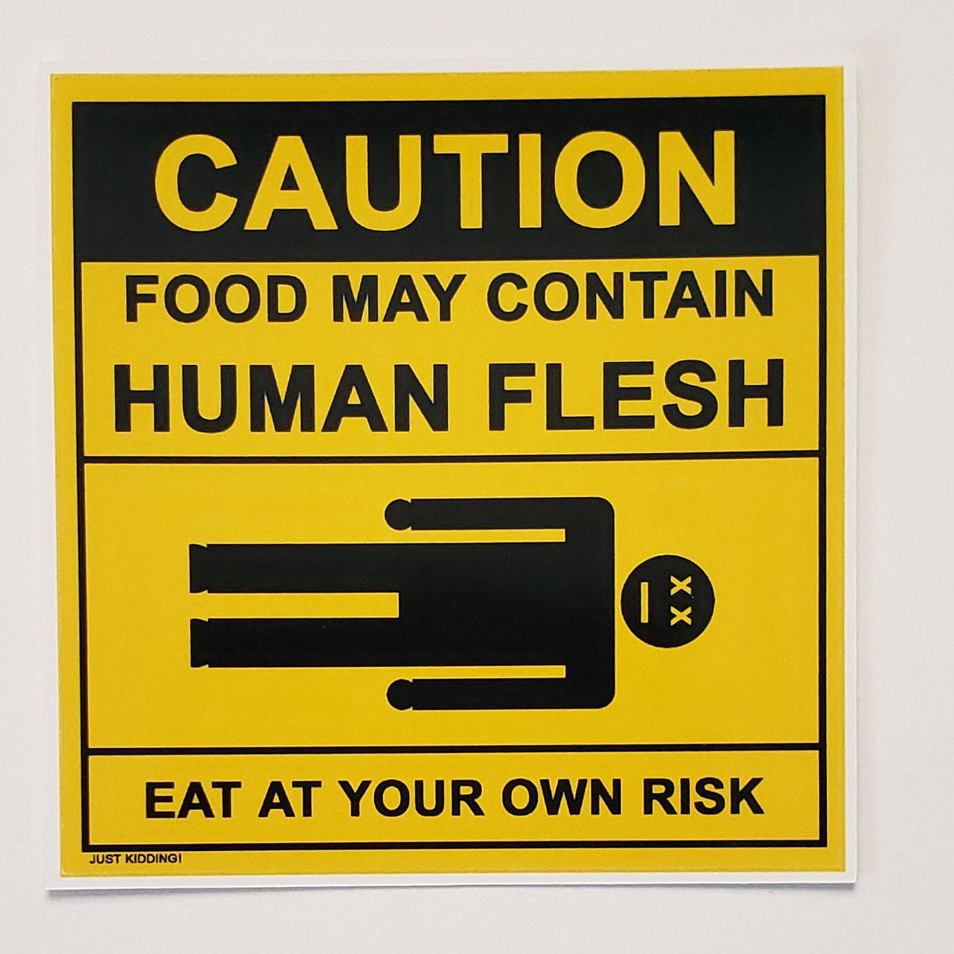 Sticker CAUTION Food May Contain Human Flesh Joke Funny Glossy 3 Three ...