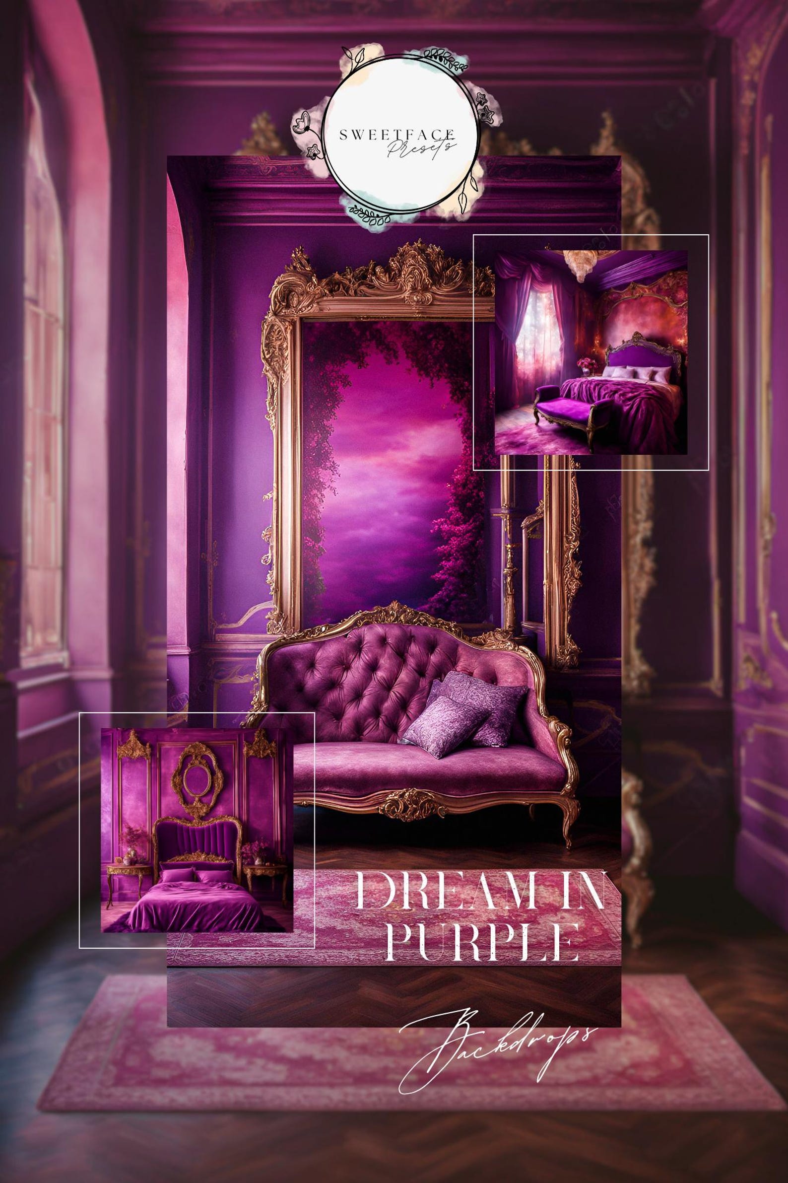 Purple Bedroom Digital Backdrop Bundle- Maternity Backdrop, Wedding ...