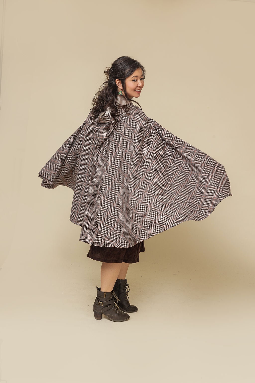 Brown Plaid Half Circle Cloak, Marquis Brown Hooded Cloak, Plaid Wool ...