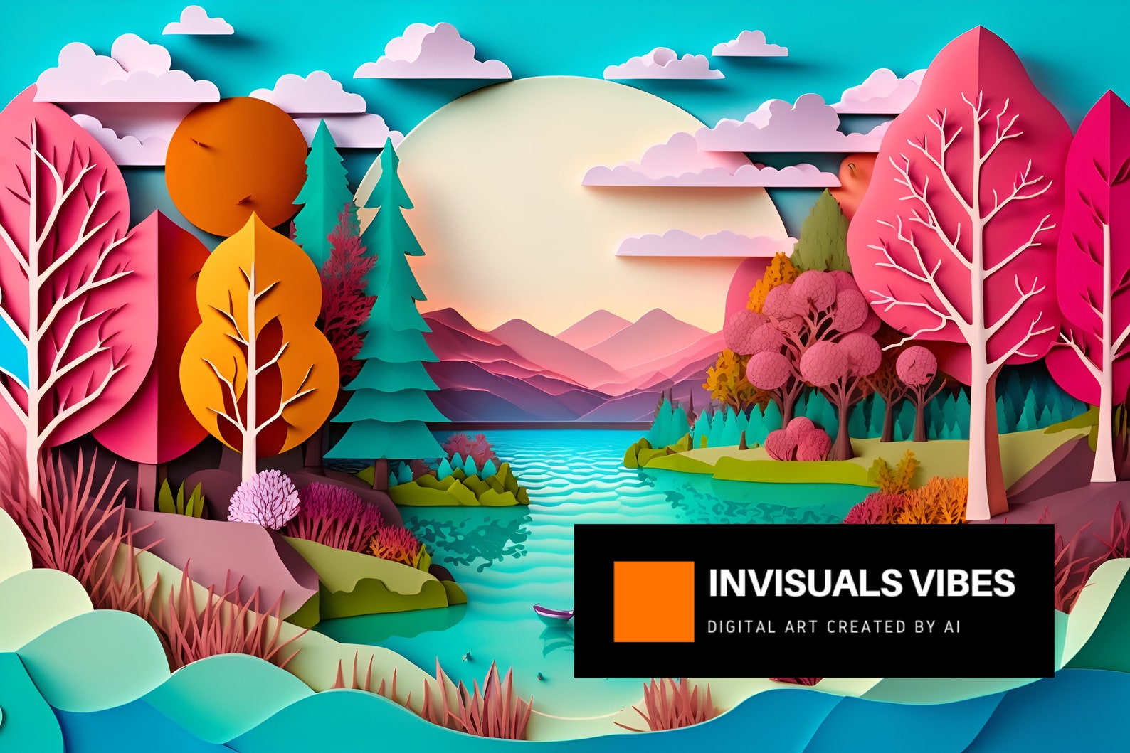 Colorful Kirigami Sunset, Lake, Forest, Landscape Desktop Wallpaper ...