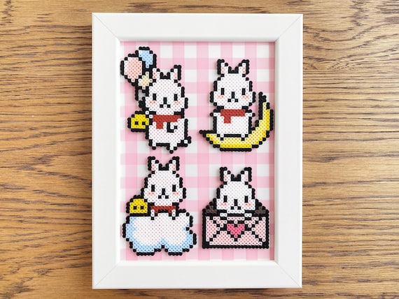 4 Cute White Rabbits Framed Wall Decor Perler Beads Art | Etsy