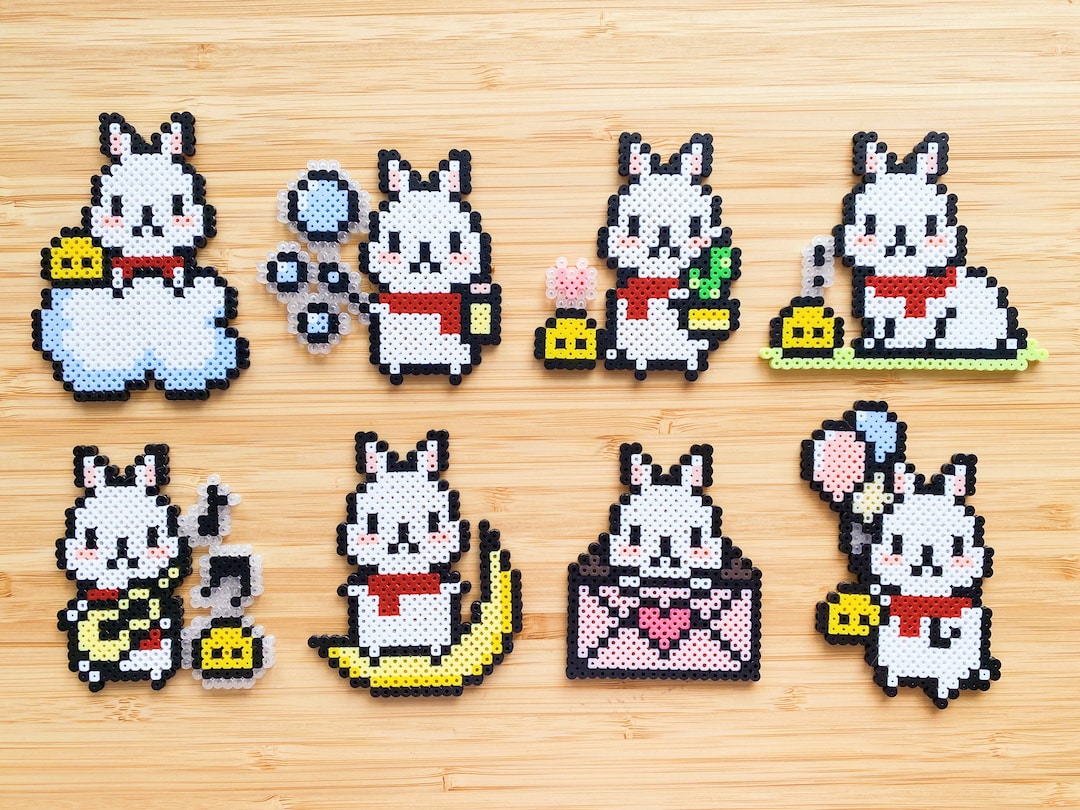 Cute White Rabbits- Perler Beads Art, Can Be Fridge Magnet, Phone Charm ...