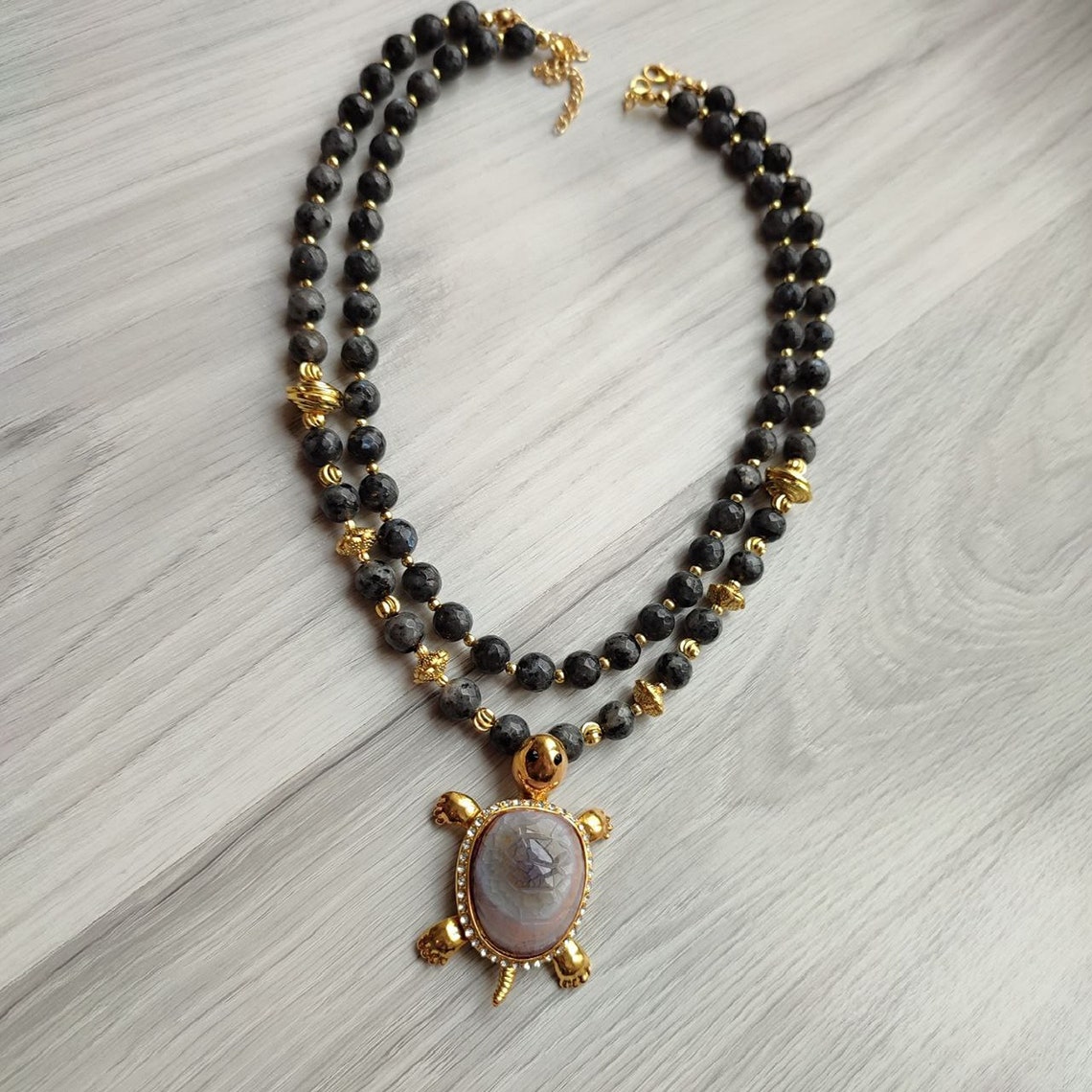 Huge Turtle Agate Pendant, Handmade Layered Statement Women Necklace ...