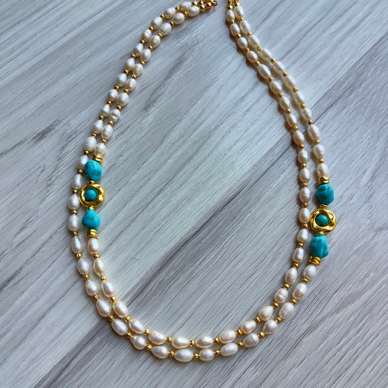 Pearl and Turquoise Beaded Necklace: Gemstone Statement Jewelry - Etsy