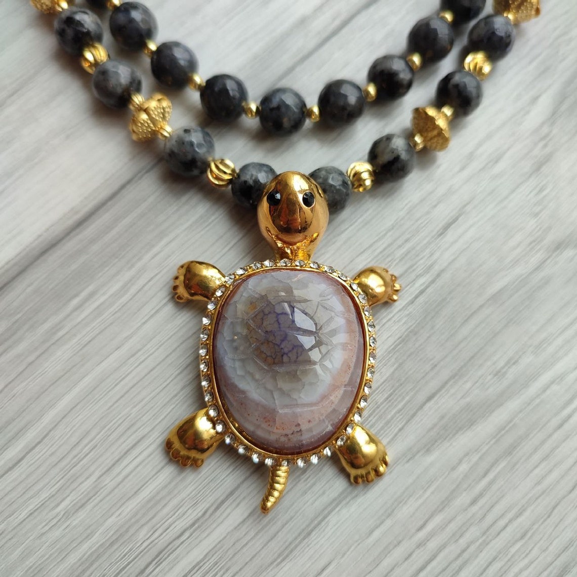Huge Turtle Agate Pendant, Handmade Layered Statement Women Necklace ...