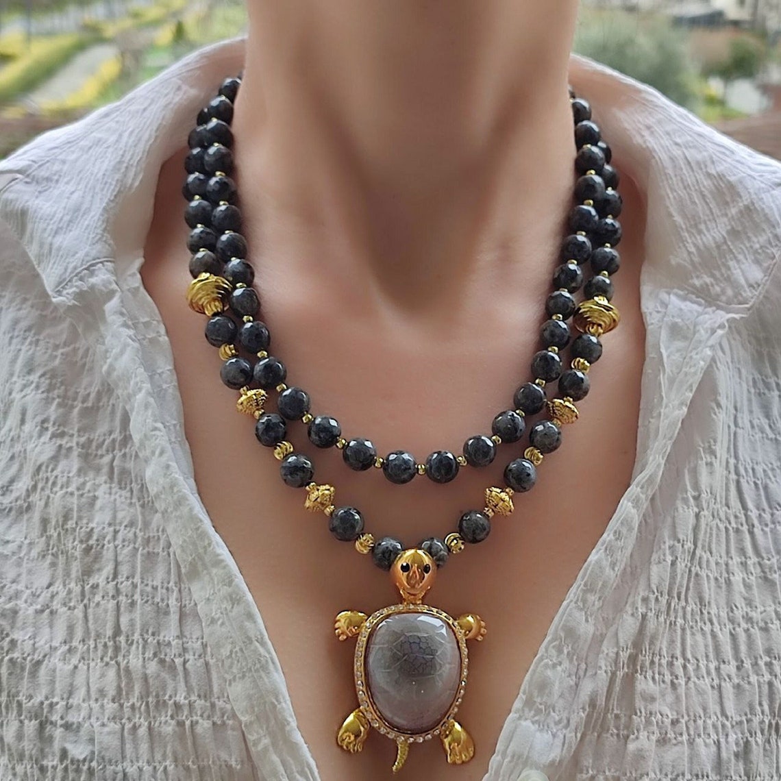Huge Turtle Agate Pendant, Handmade Layered Statement Women Necklace ...