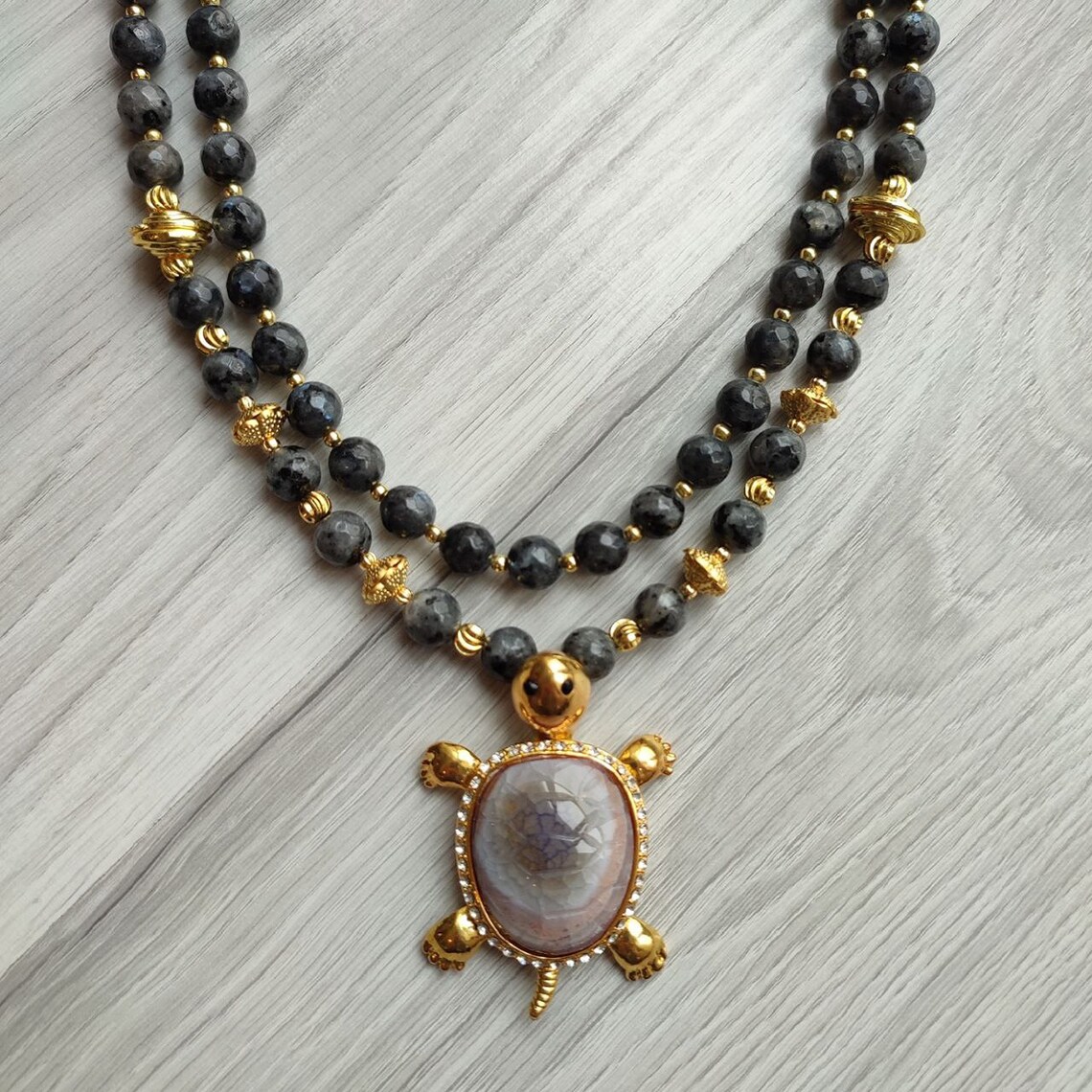 Huge Turtle Agate Pendant, Handmade Layered Statement Women Necklace ...