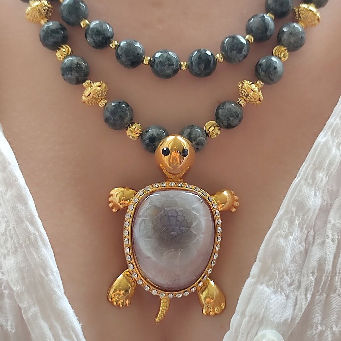 Huge Turtle Agate Pendant, Handmade Layered Statement Women Necklace ...