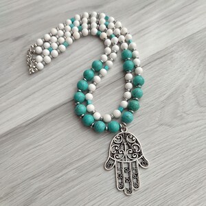 Gorgeous Hand of Fatima Pendant, Hamsa Necklace, Turquoise and Hematite ...