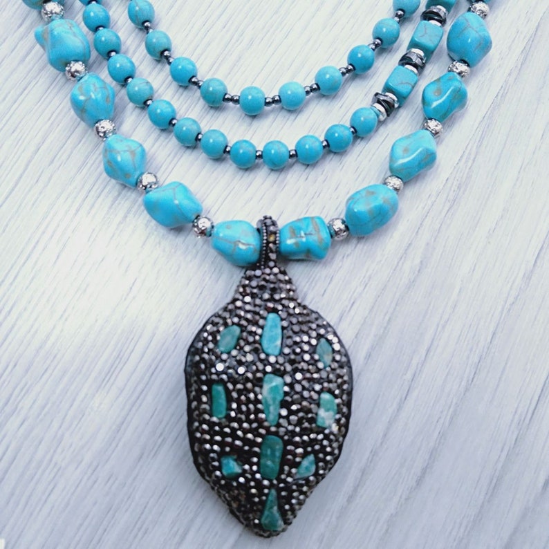 Stunning Chunky Marcasite Pendant, Layered Turquoise Necklace, Natural ...