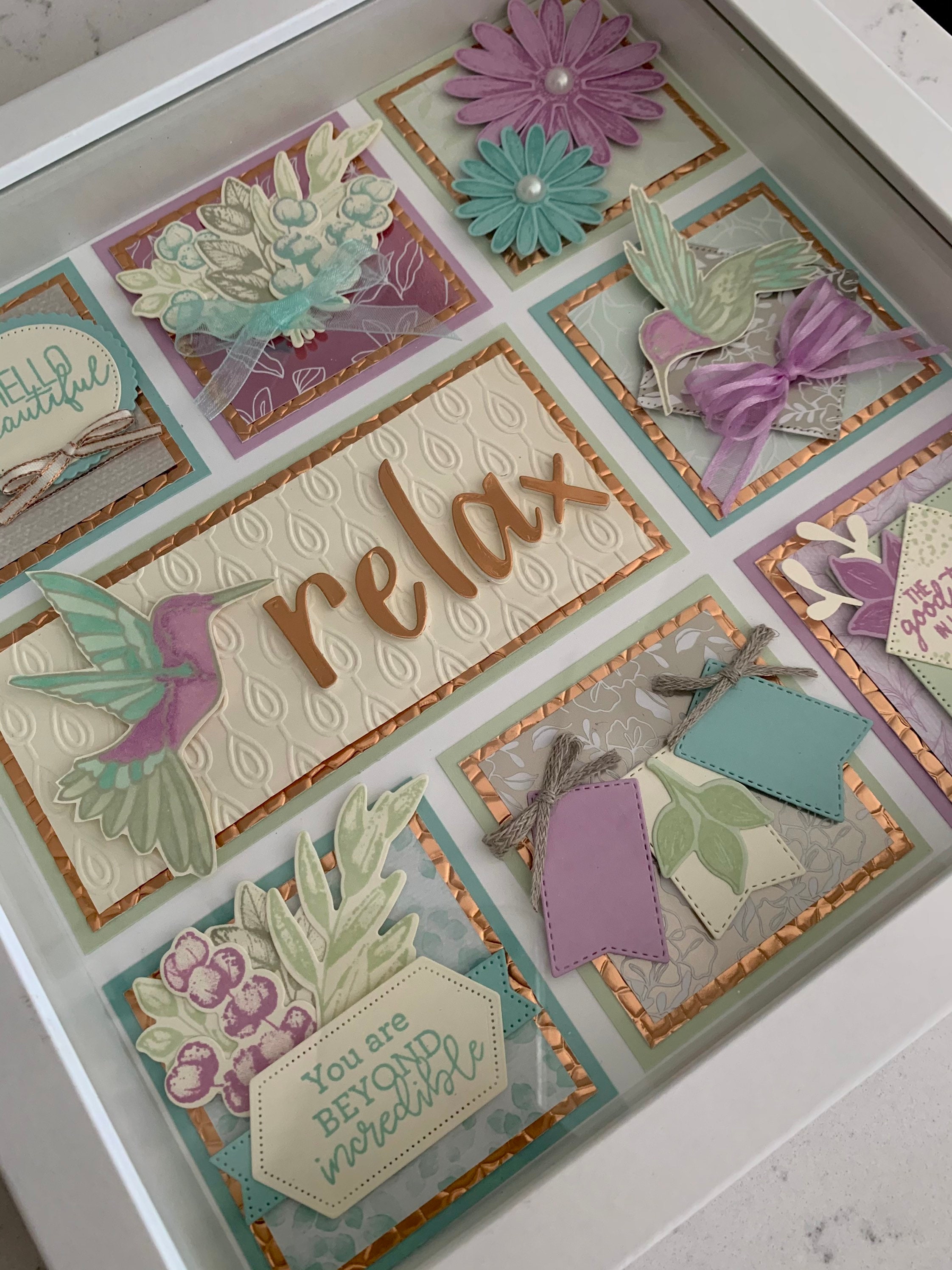 Relax 10x10 Shadow Box Sampler | Hummingbirds, Daisies, and Ferns ...