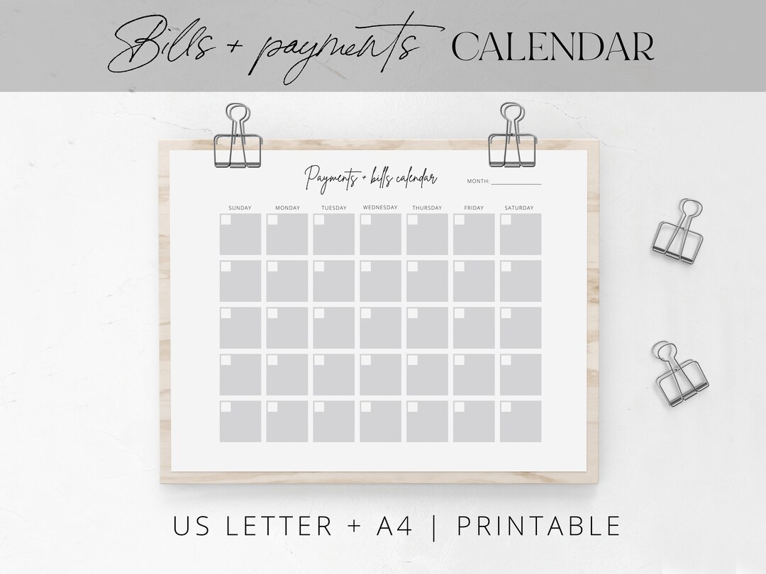 Bill Calendar Printable, US Letter and A4, Monthly Bill Payment Tracker ...