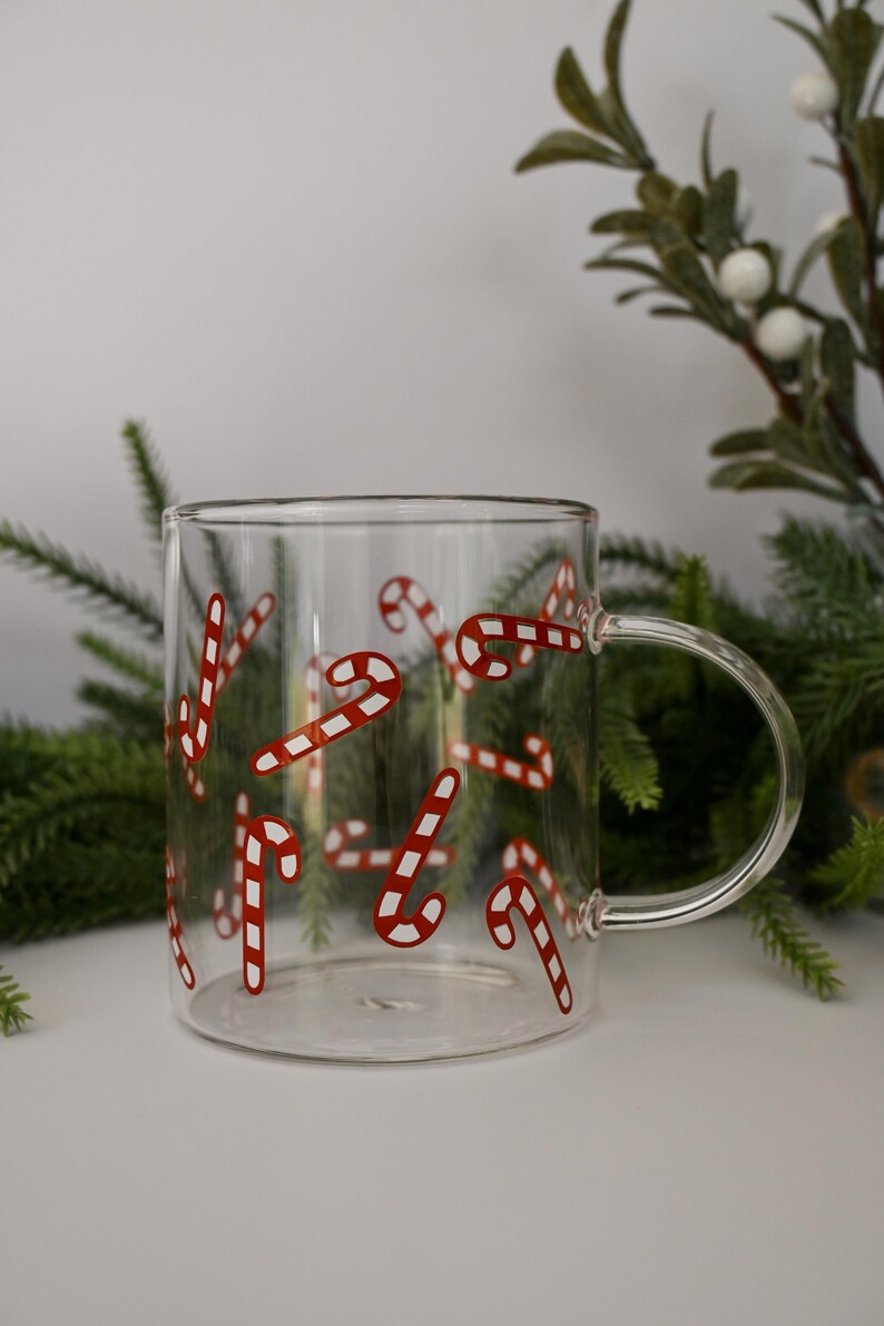 Candy Cane Glass Mug, Holiday Gift, Hot Cocoa Mug, Candy Cane Coffee Mug, Christmas Holiday ...